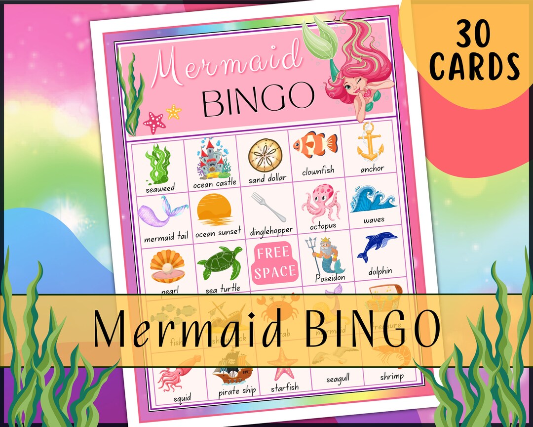 Mermaid Bingo 30 Printable Bingo Cards for Kids, Classroom Parties ...