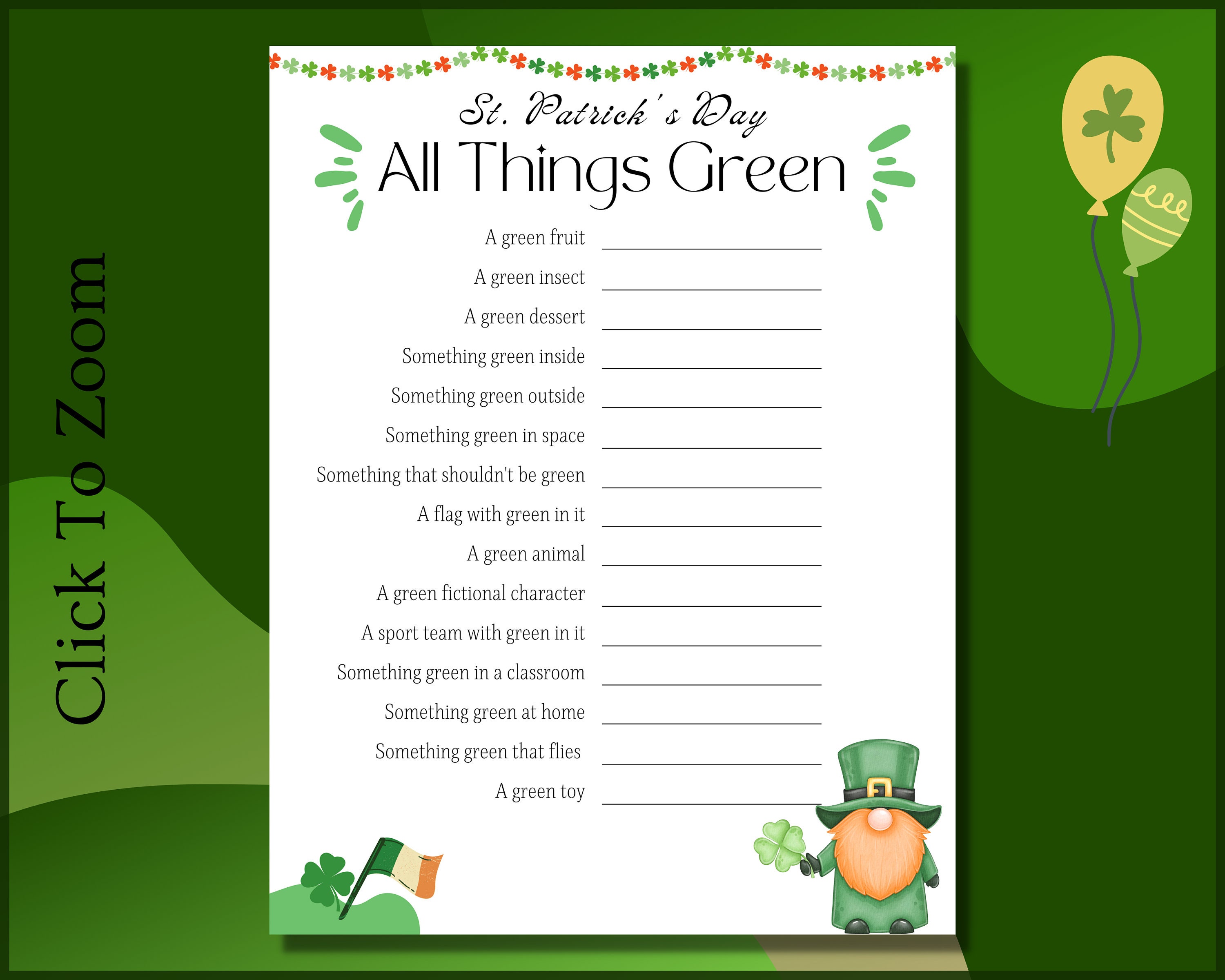 All Things Green Game, Printable St. Patrick's Games for Kids, Instant ...