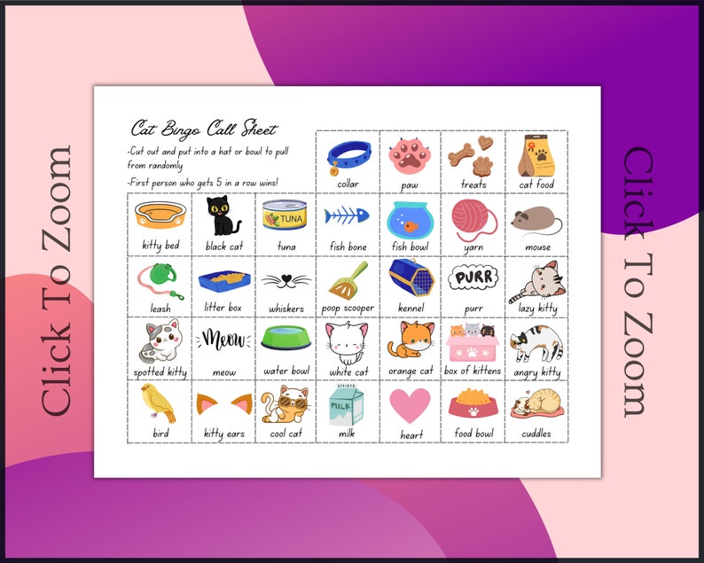Cat Bingo Game for a Kitten Theme Party, Girls Birthday Game, Bingo ...