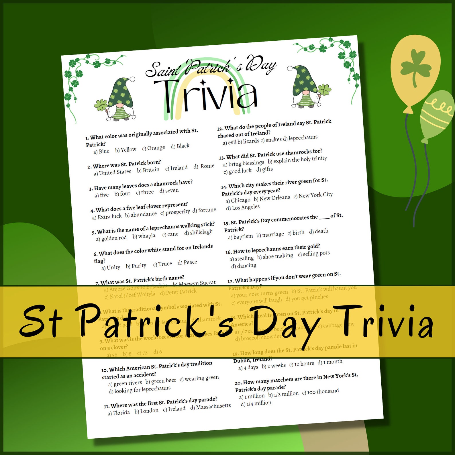 St Patrick's Day Trivia Game~ Fun Trivia Game for Kids and Adults ...