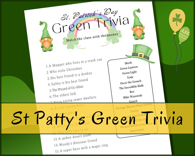 St Patricks Day Games, St Patricks Day Trivia Party Game, Adult Trivia ...