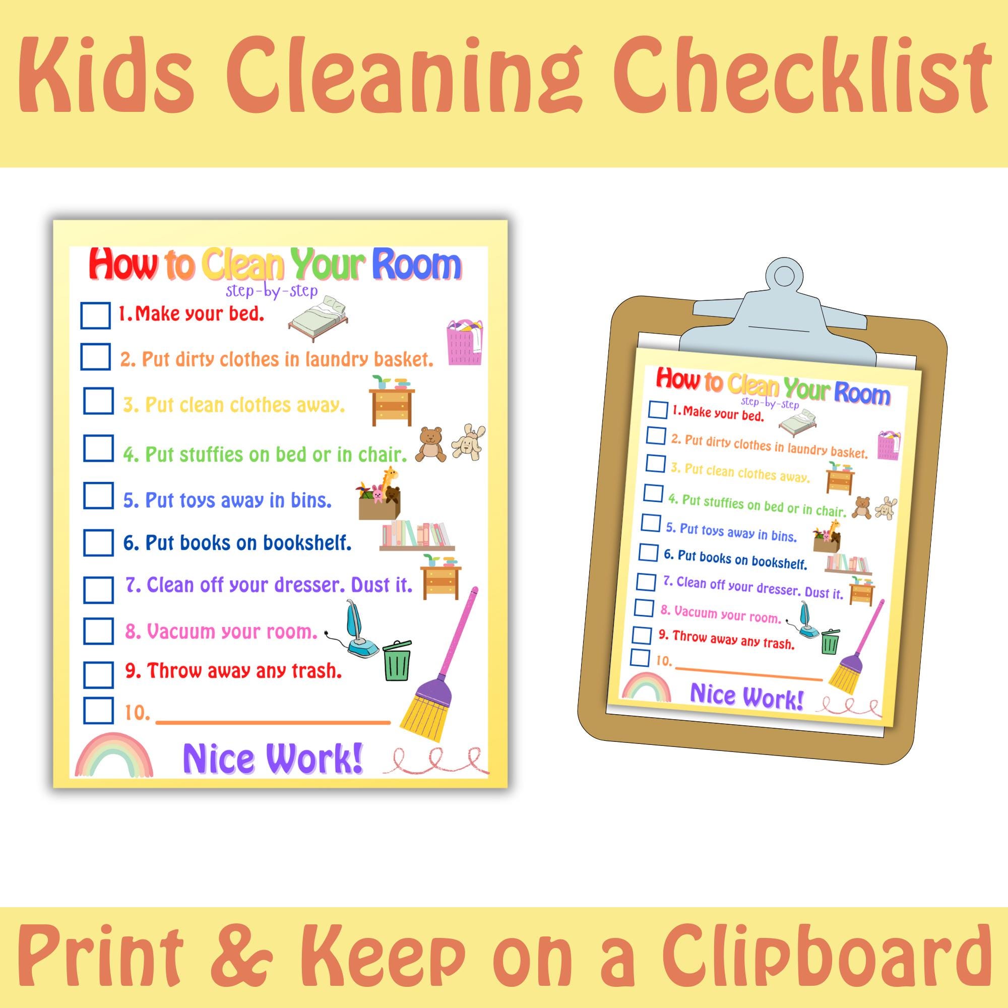 Back to School Kids Cleaning Checklist With Pictures, Printable Room ...