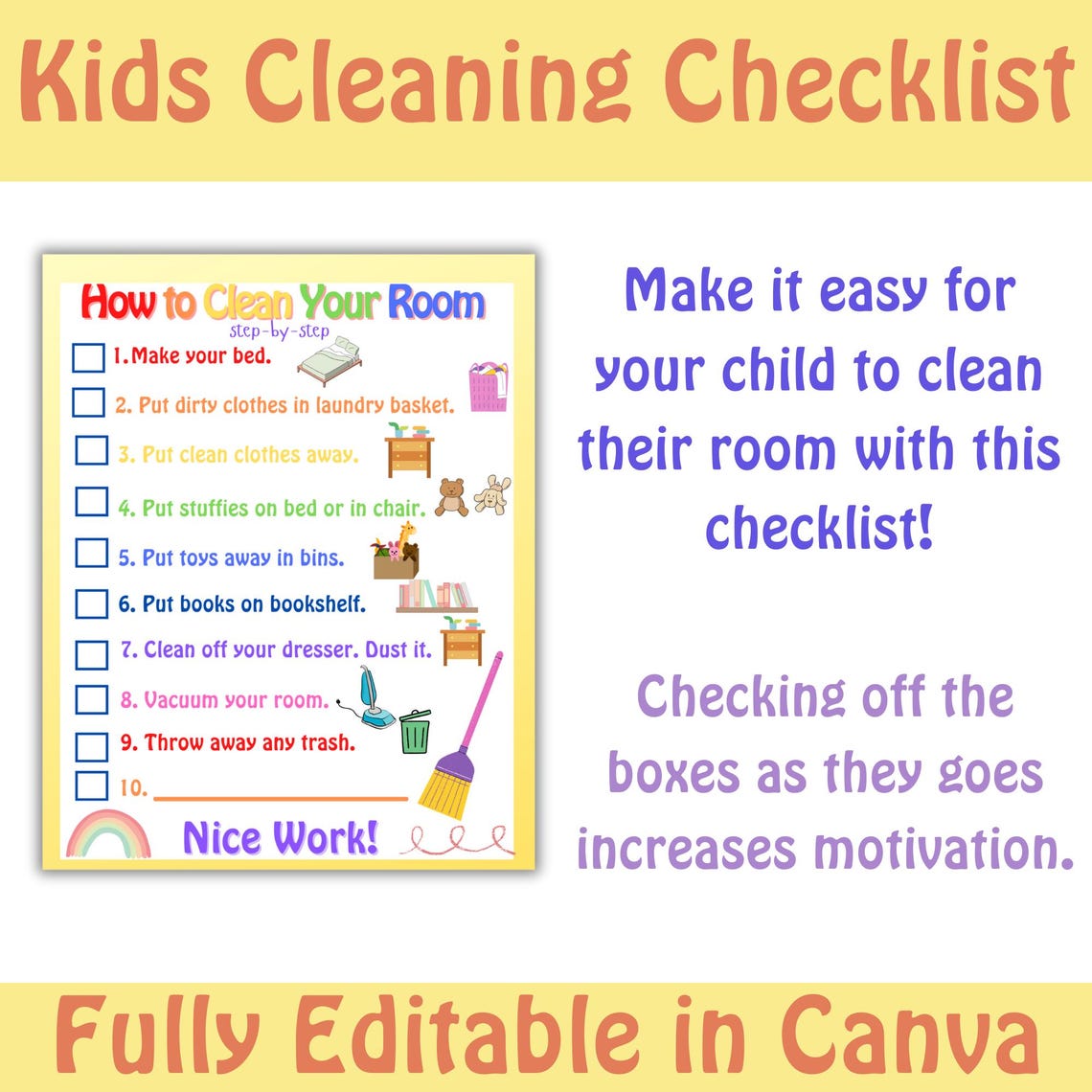 Back to School Kids Cleaning Checklist With Pictures, Printable Room ...