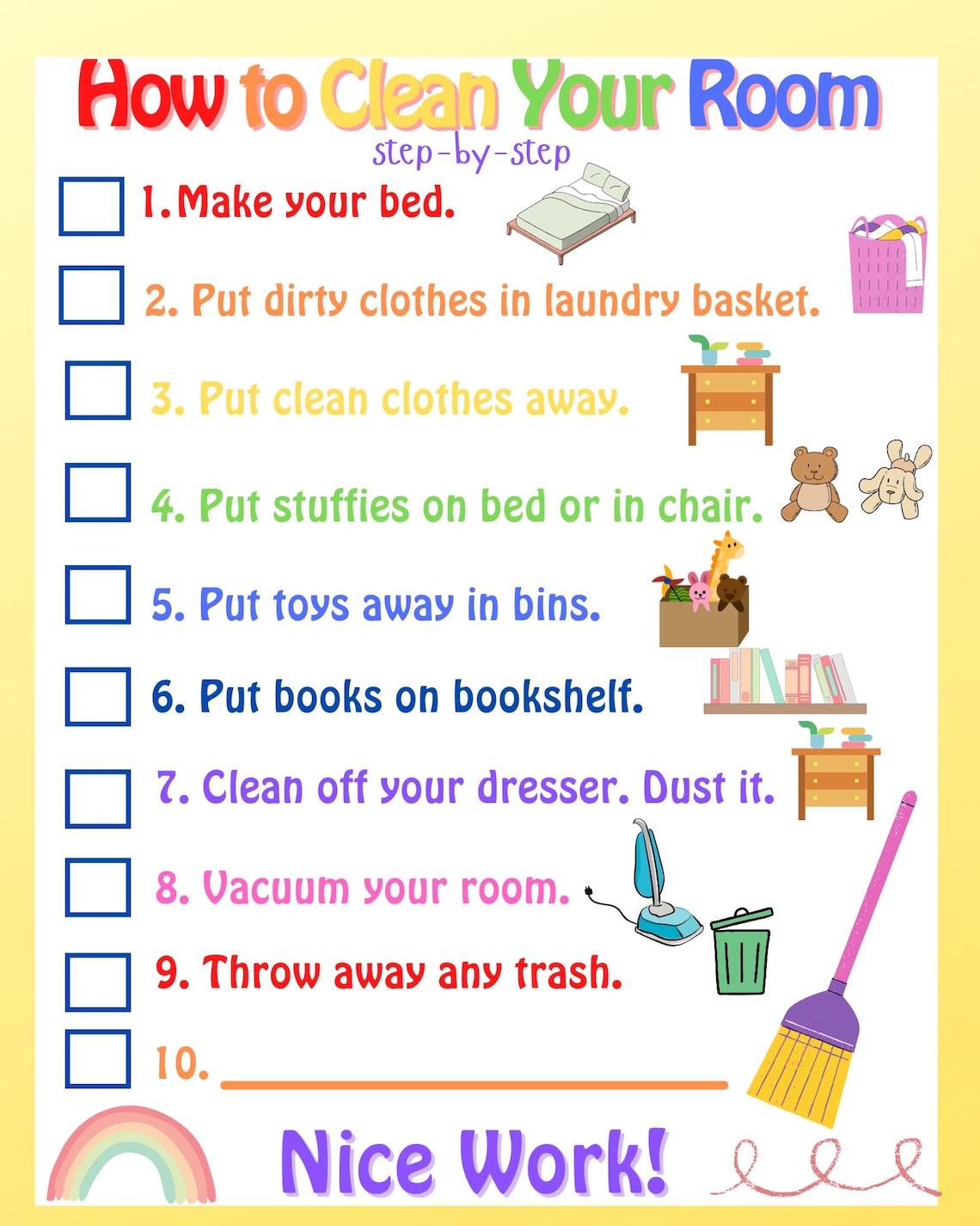 Back to School Kids Cleaning Checklist With Pictures, Printable Room ...