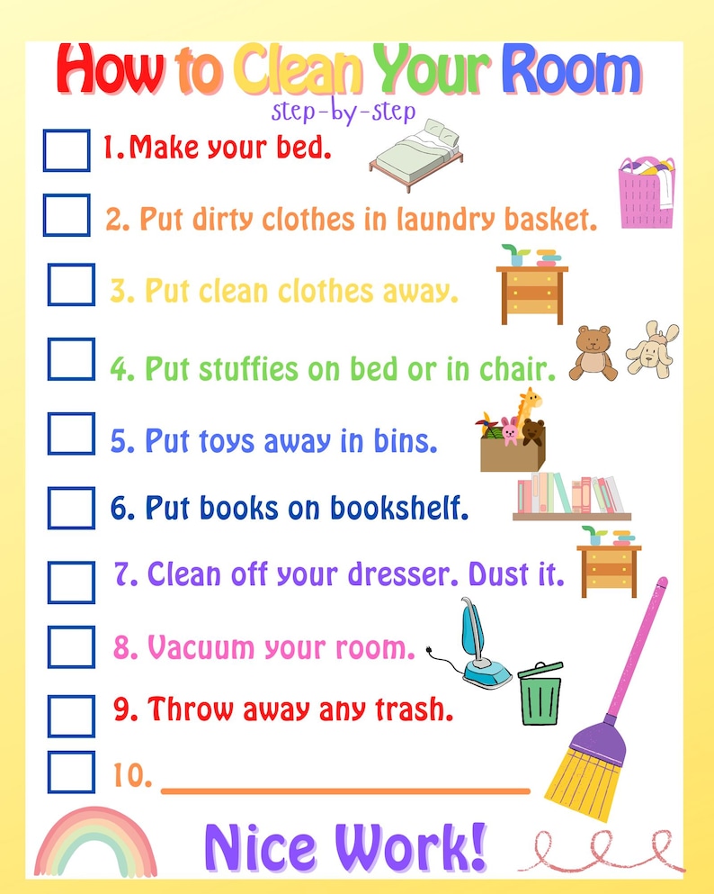 Back to School Kids Cleaning Checklist With Pictures, Printable Room ...