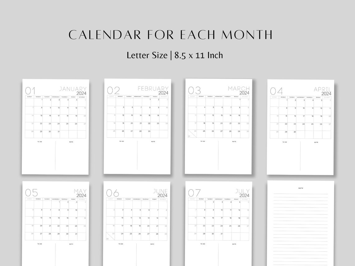 2024 Monthly Calendar Printable Calendar Template Minimalist - Etsy