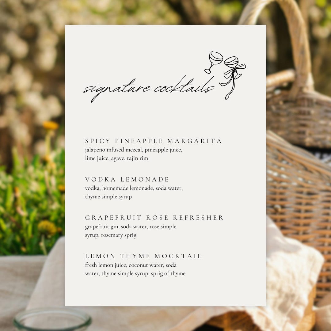 Classic Cocktail Menu Template: Printable Wedding Drinks (5x7 In ...