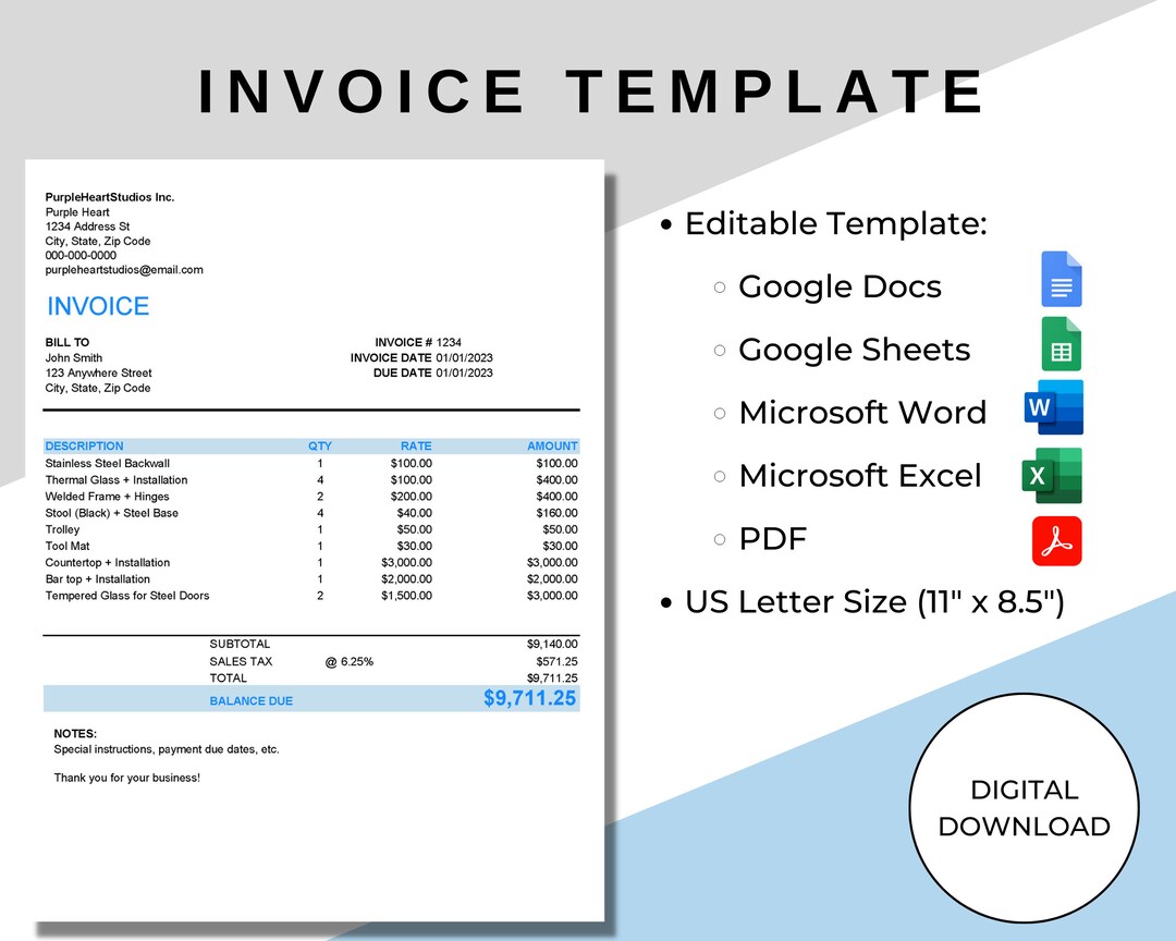 Professional Invoice Template, Editable Pdf/word/google Docs/google ...