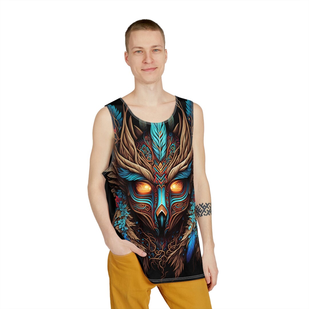 Animal Mask Totem Tank, Roots Flower Tribal Tank Top, Feather Gemstone ...