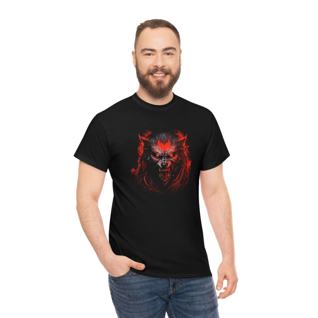 Angry Red Moon Werewolf Face Unisex Heavy Cotton Tee, Full Moon Monster ...