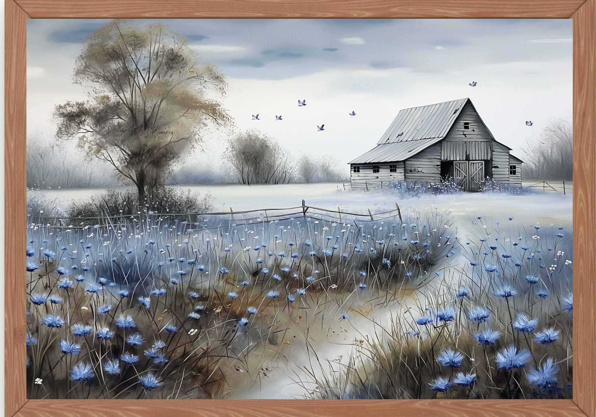 Printable Old Farm With Blue Wildflowers Painting | Vintage Farm - Etsy