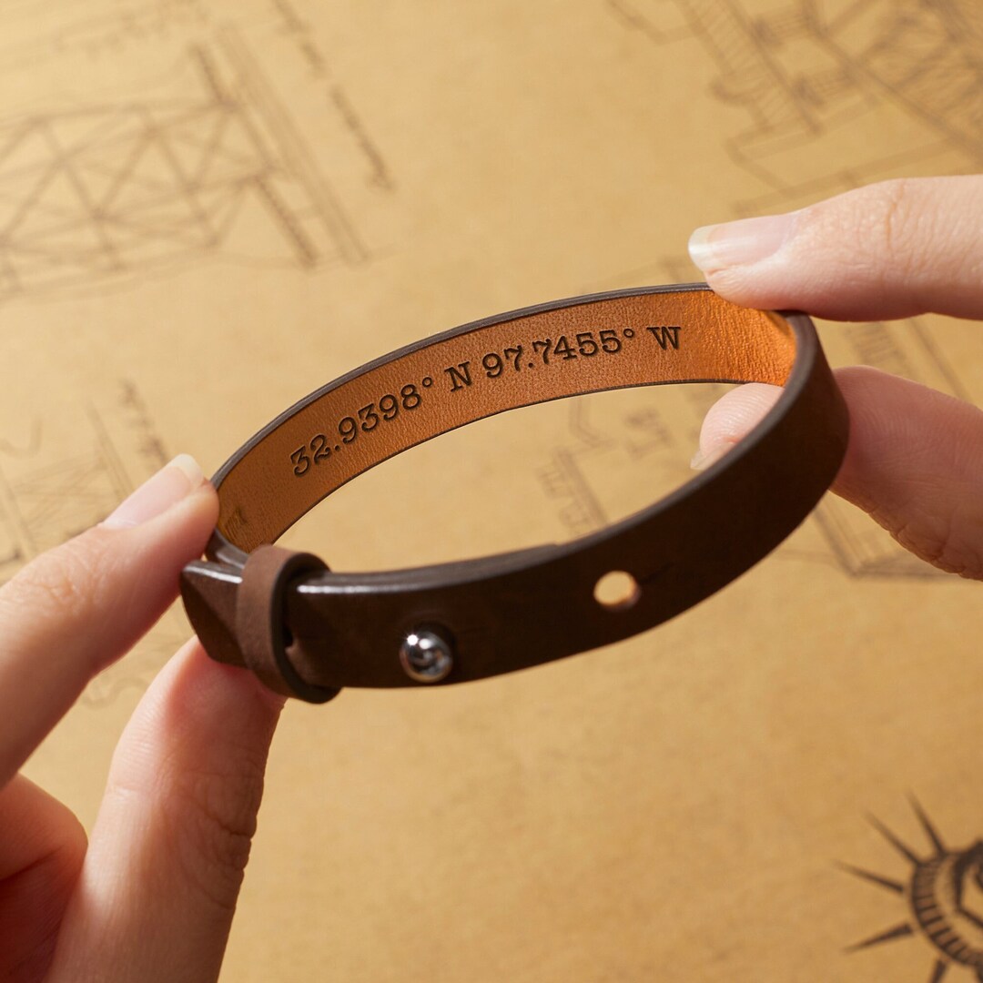 Personalized GPS Coordinates Leather Bracelet, Hidden Message Gift ...