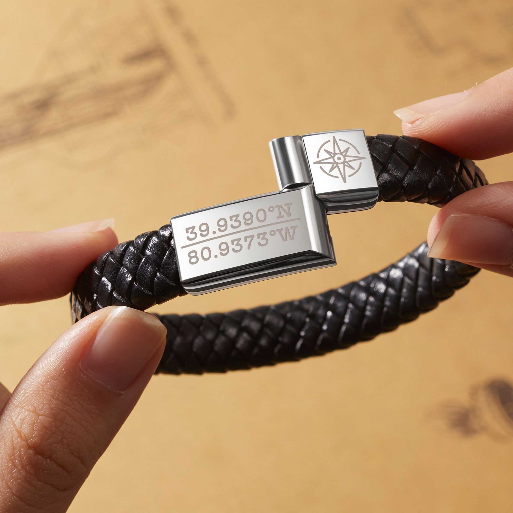 Men's Leather Coordinate Bracelet: Engraved GPS Location Gift ...