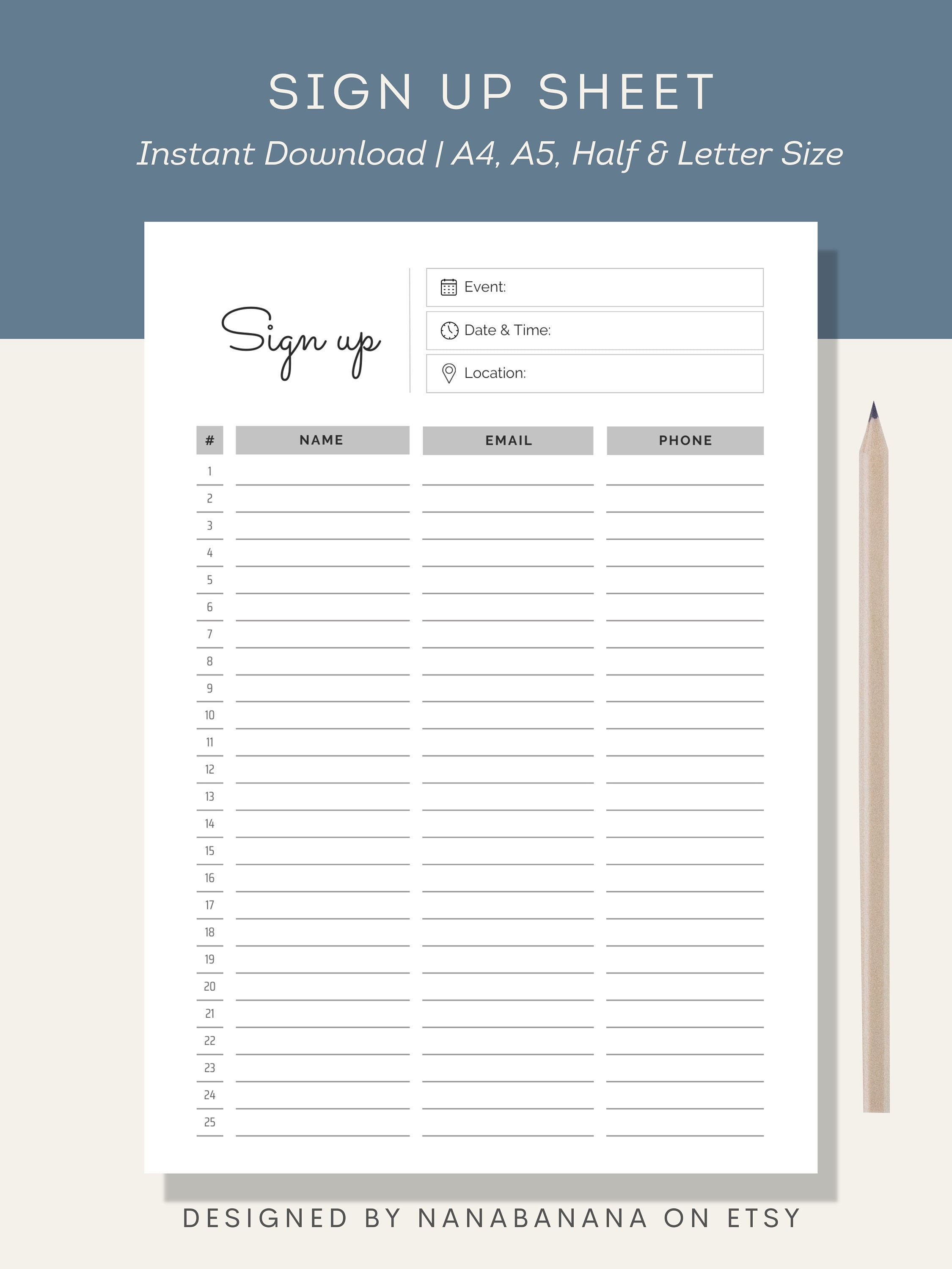 Sign up Sheet Printable | Event Sign up Sheet | A4, A5, Half & Letter ...