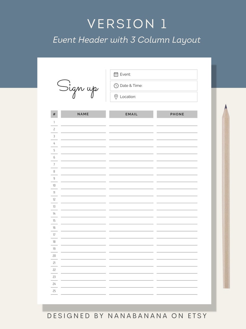 Sign up Sheet Printable | Event Sign up Sheet | A4, A5, Half & Letter ...
