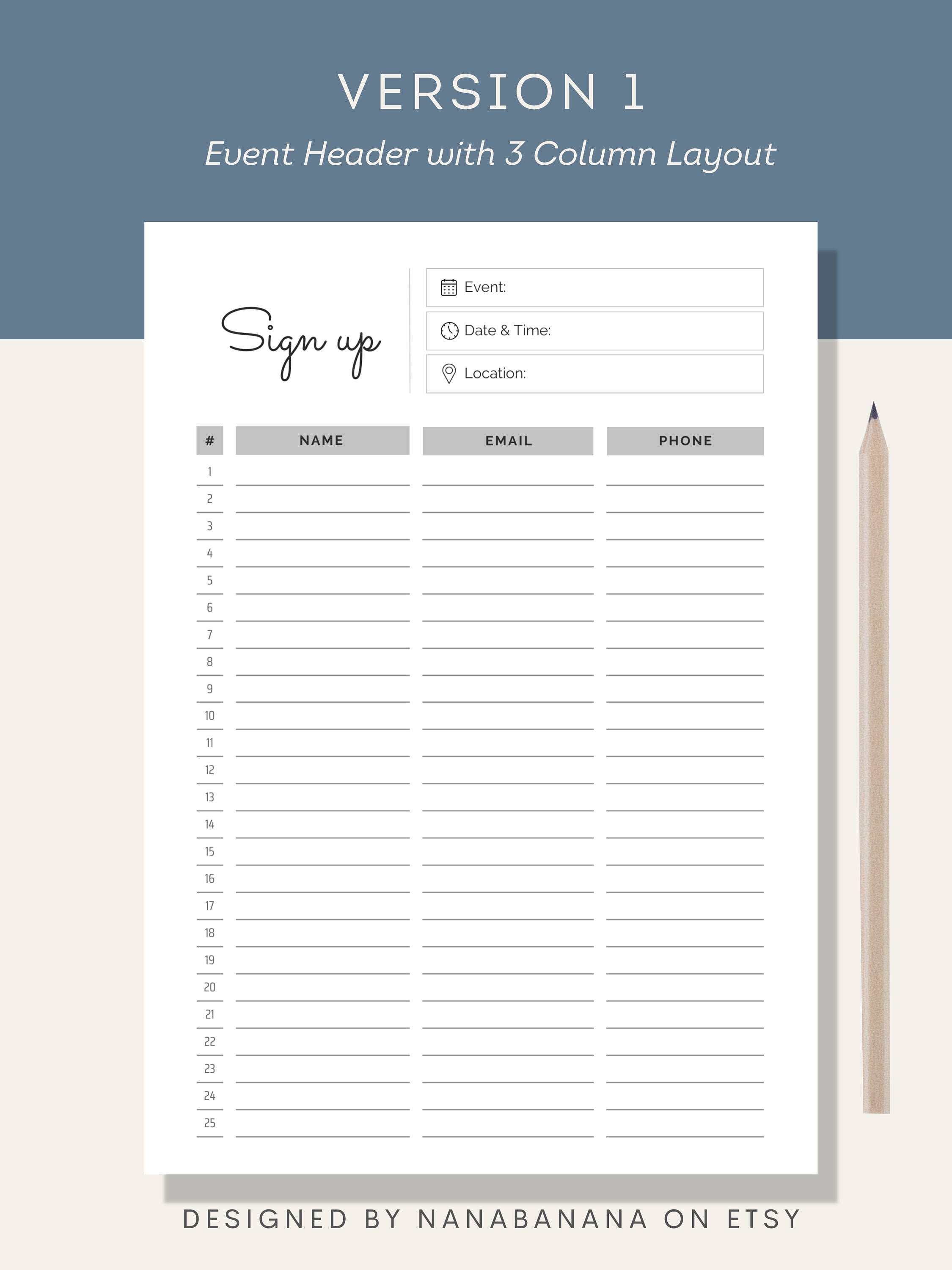 Sign up Sheet Printable | Event Sign up Sheet | A4, A5, Half & Letter ...