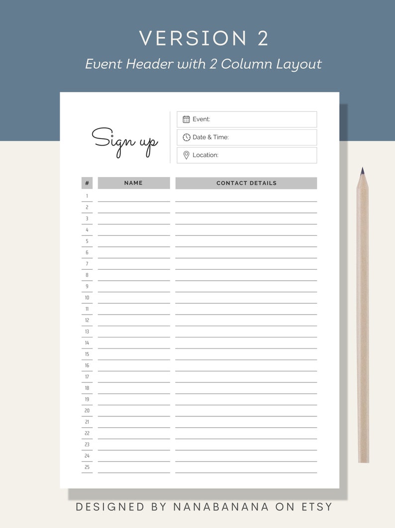 Sign up Sheet Printable | Event Sign up Sheet | A4, A5, Half & Letter ...
