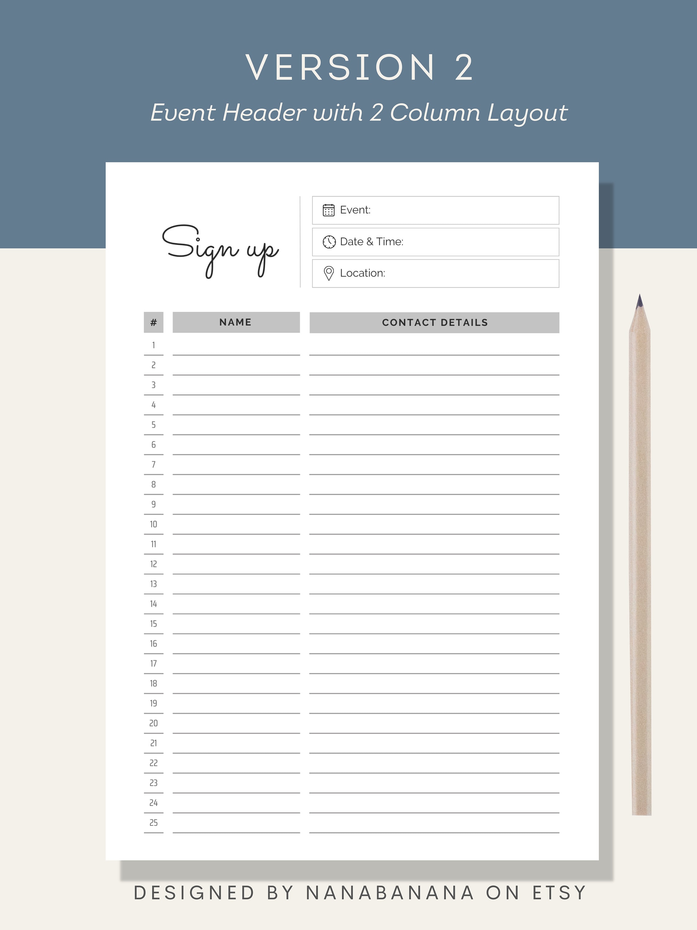 Sign up Sheet Printable | Event Sign up Sheet | A4, A5, Half & Letter ...