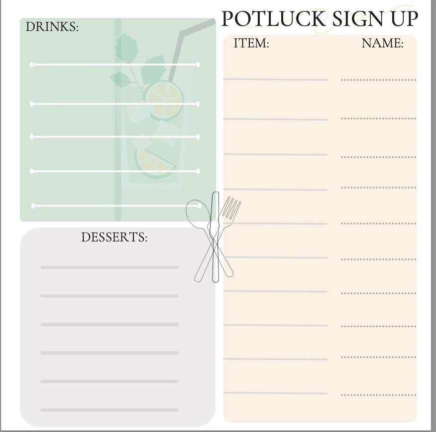 Potluck Sign up Sheet - Etsy