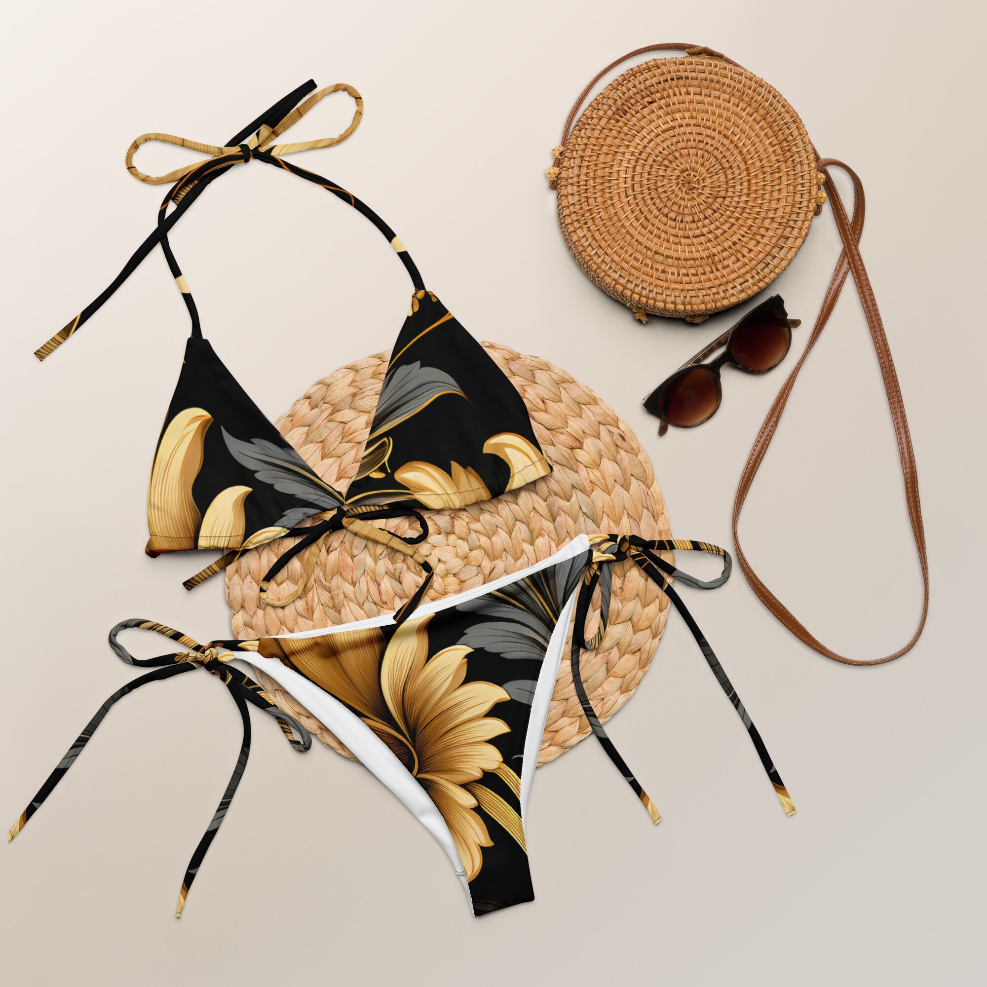 Women's String Bikini, Black and Gold Leaf Pattern String Bikini for ...