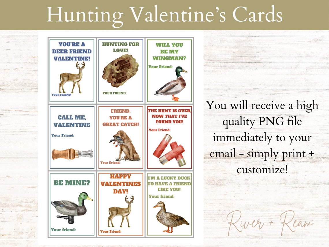 Hunting Valentines Cards, Digital Download, Hunt Designs, Deer, Ducks ...