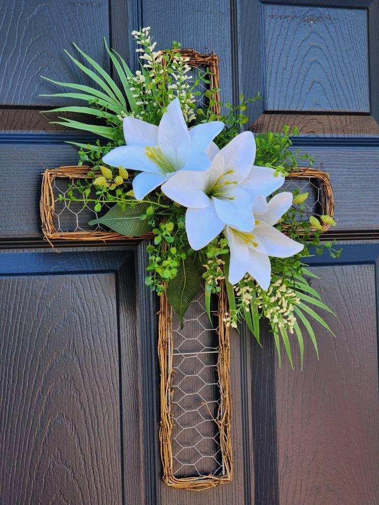 Easter Cross Wreath , Easter Floral Cross Door Hanger, Christian Wall ...