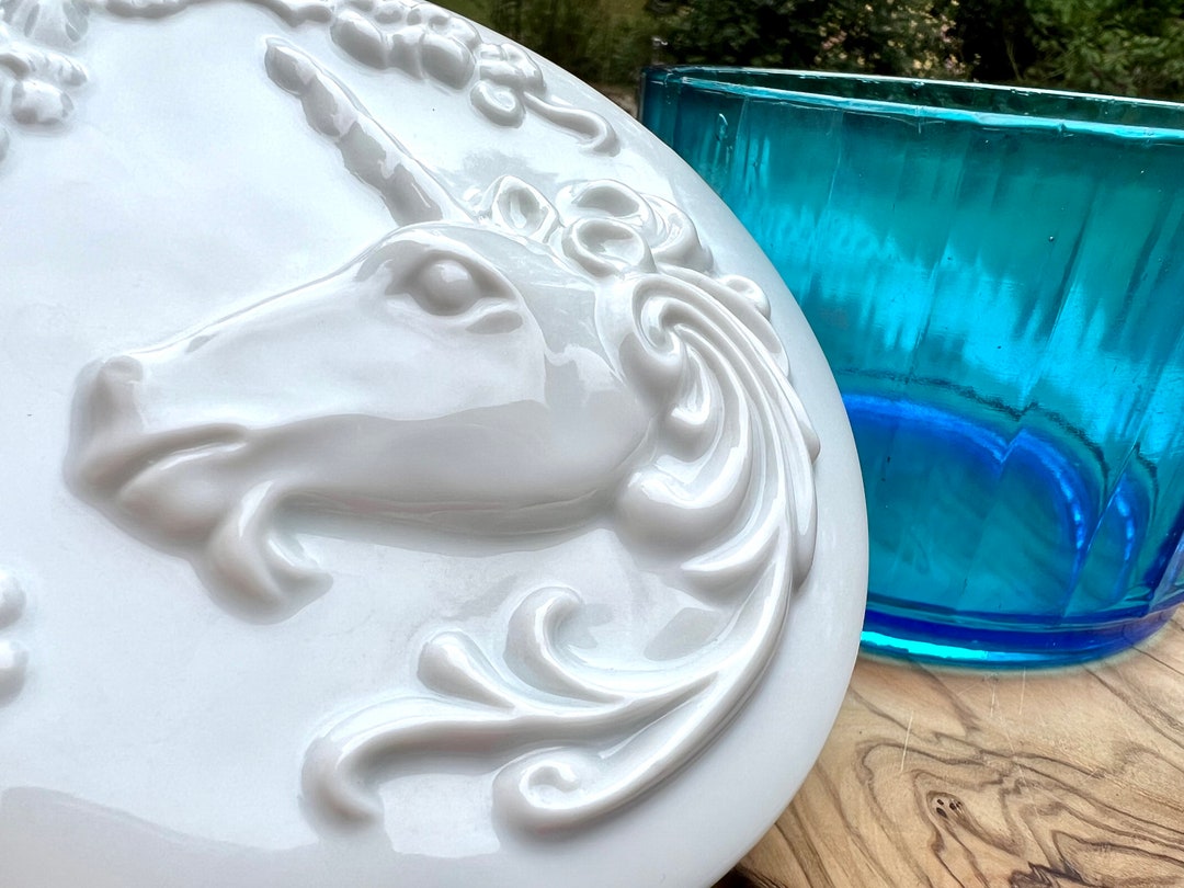Unicorn + Blue Glass Vintage Lidded Powder Box, Corday Toujours Moi ...