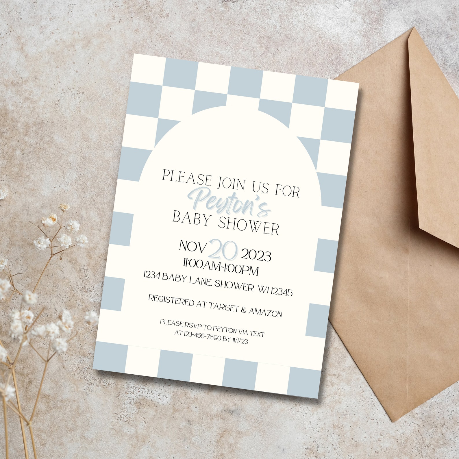 Blue Checkered Baby Shower Invitation [editable] - Etsy