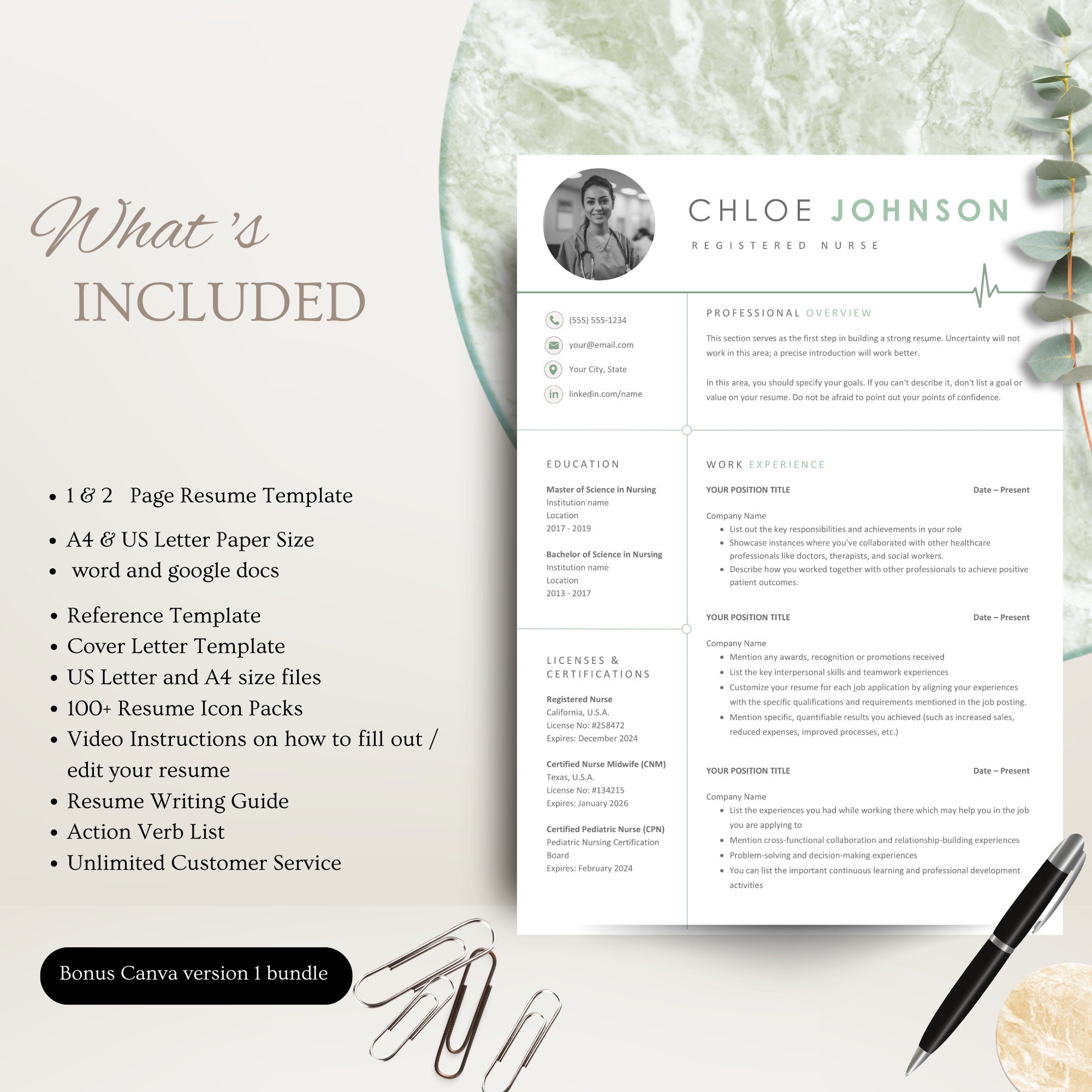 Nursing Resume Google Docs Template for Word & Pages Clean CV Template ...