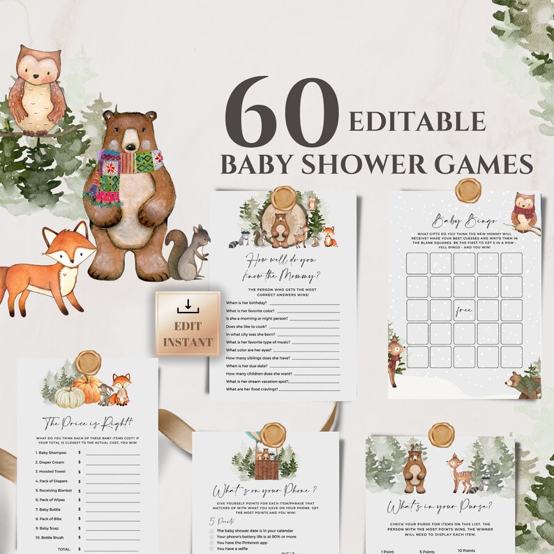 Editable Woodland Baby Shower Game Bundle Boy Woodland - Etsy