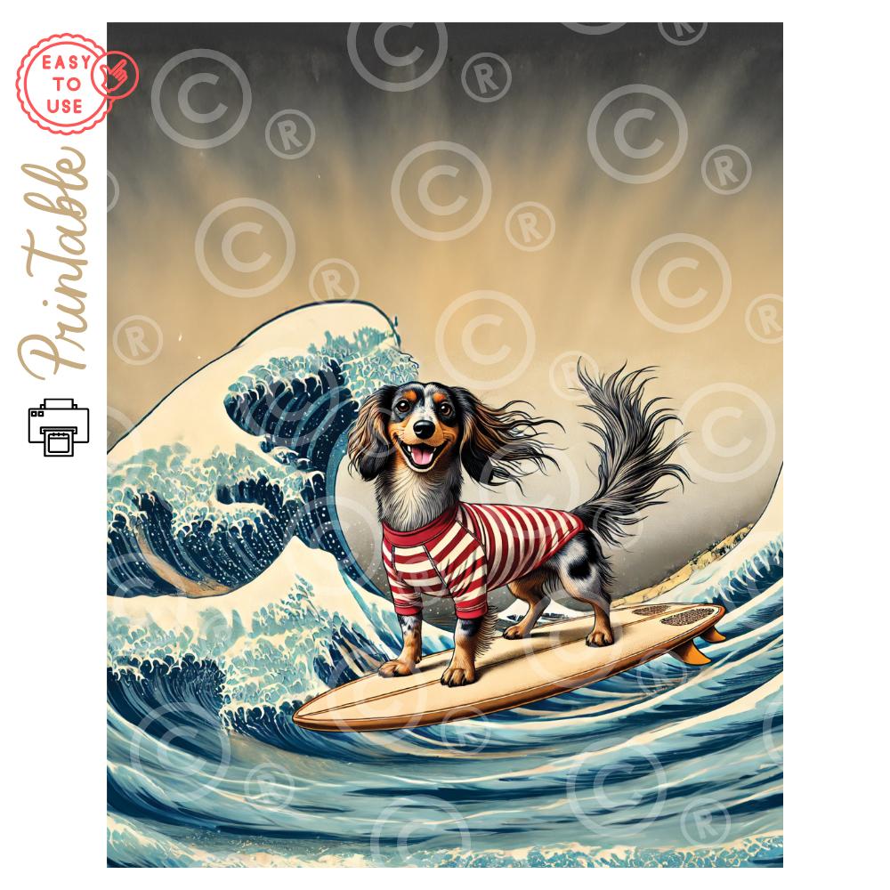 Great Wave off Kanagawa Dachshund Surfing Poster - Printable Wall Art ...