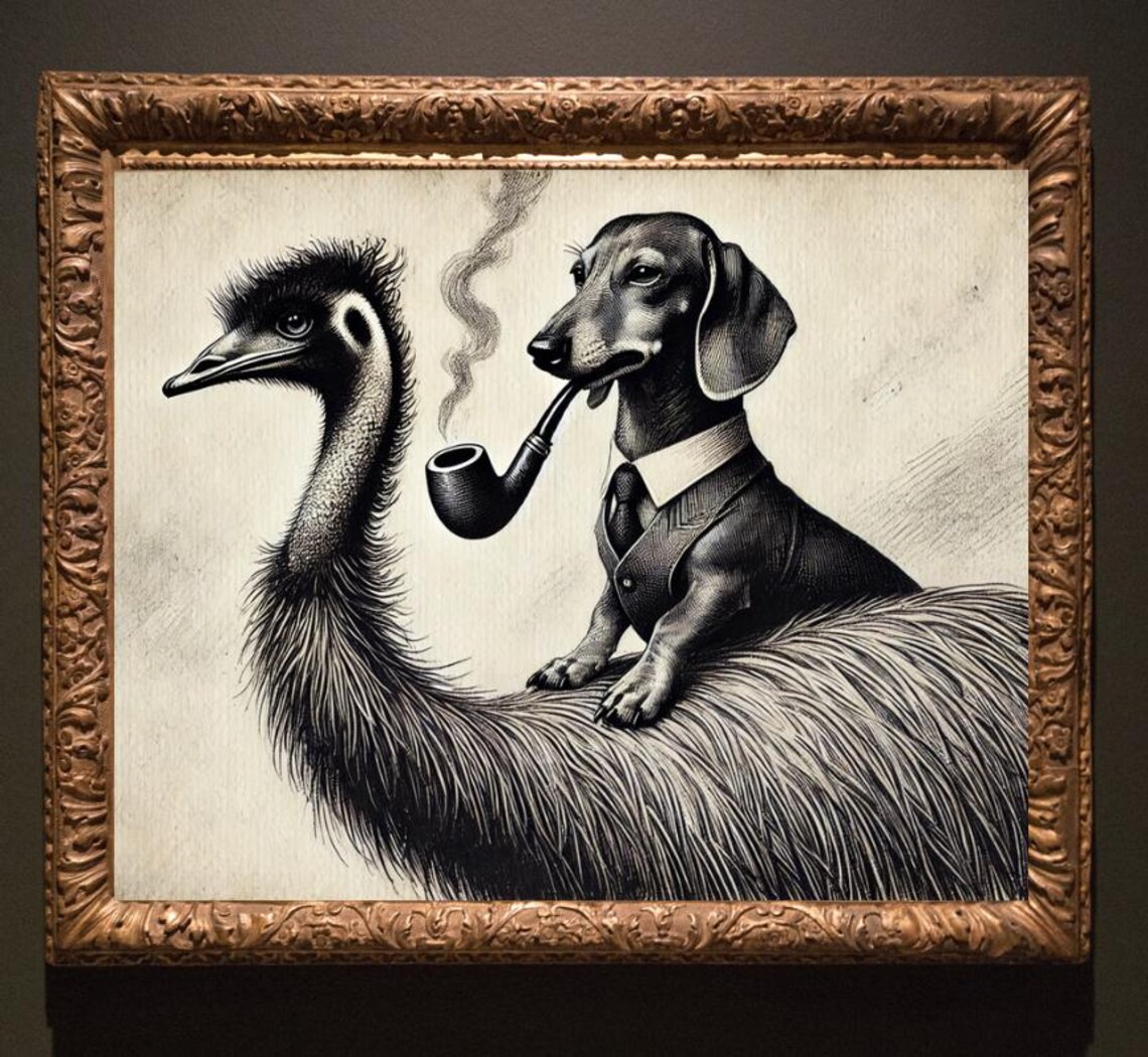 Dachshund Riding Emu Art Print: Vintage Funny Dog Illustration - Etsy