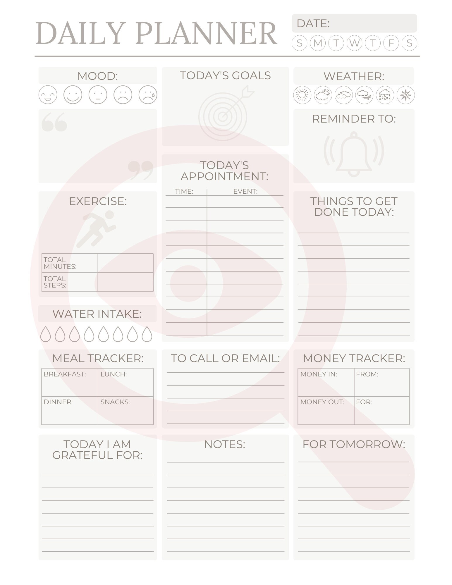 Printable Daily Planner Downloadable PDF Size 8.5x 11 Meal/exercise ...