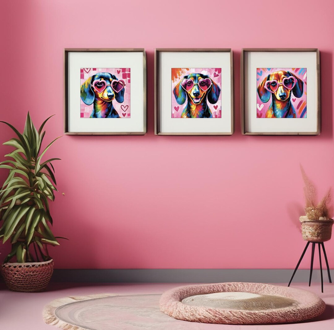 Pink Dachshund Art Print Triptych: Weiner Dog With Heart Sunglasses ...