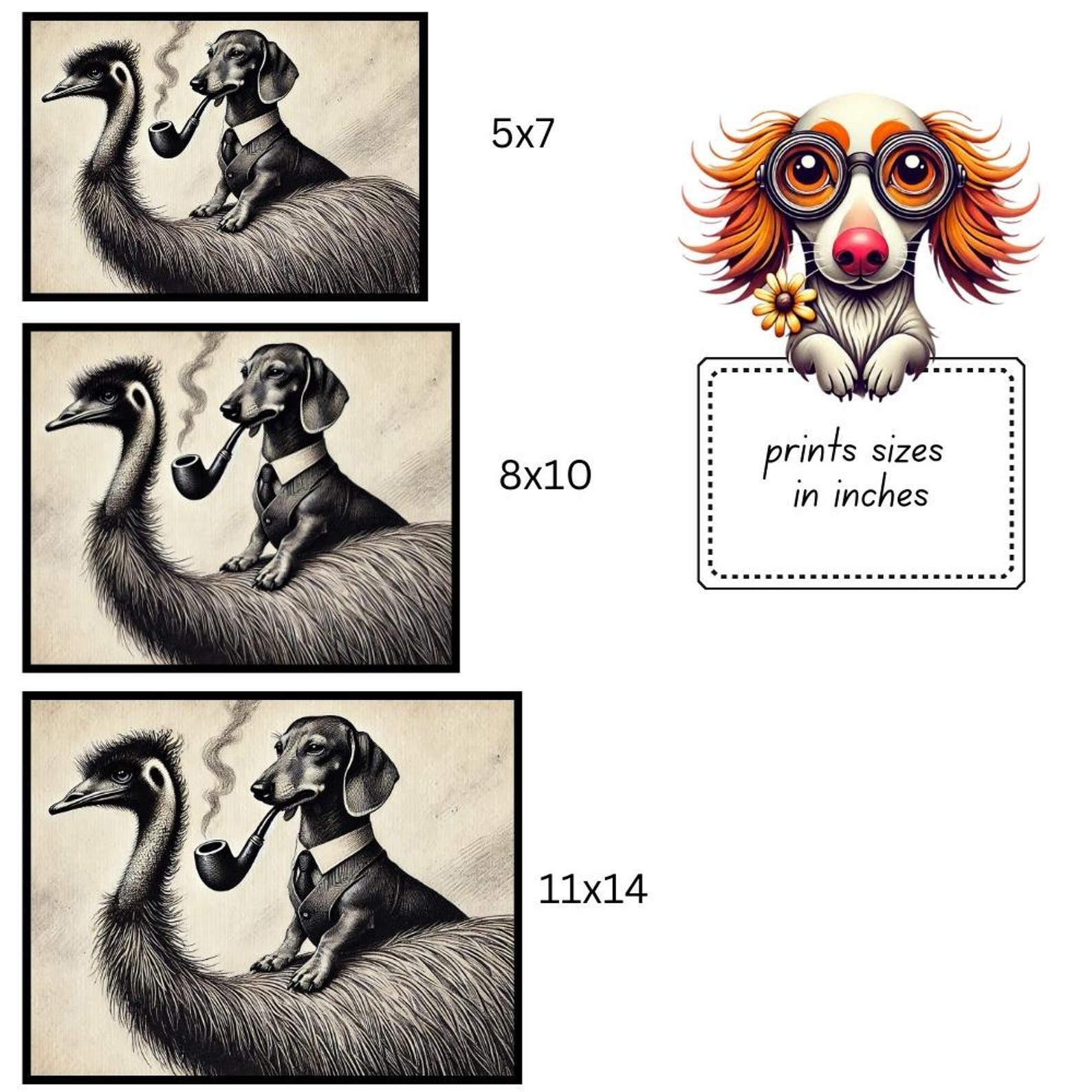 Dachshund Riding Emu Smoking a Pipe Wall Art Print - Vintage-inspired ...