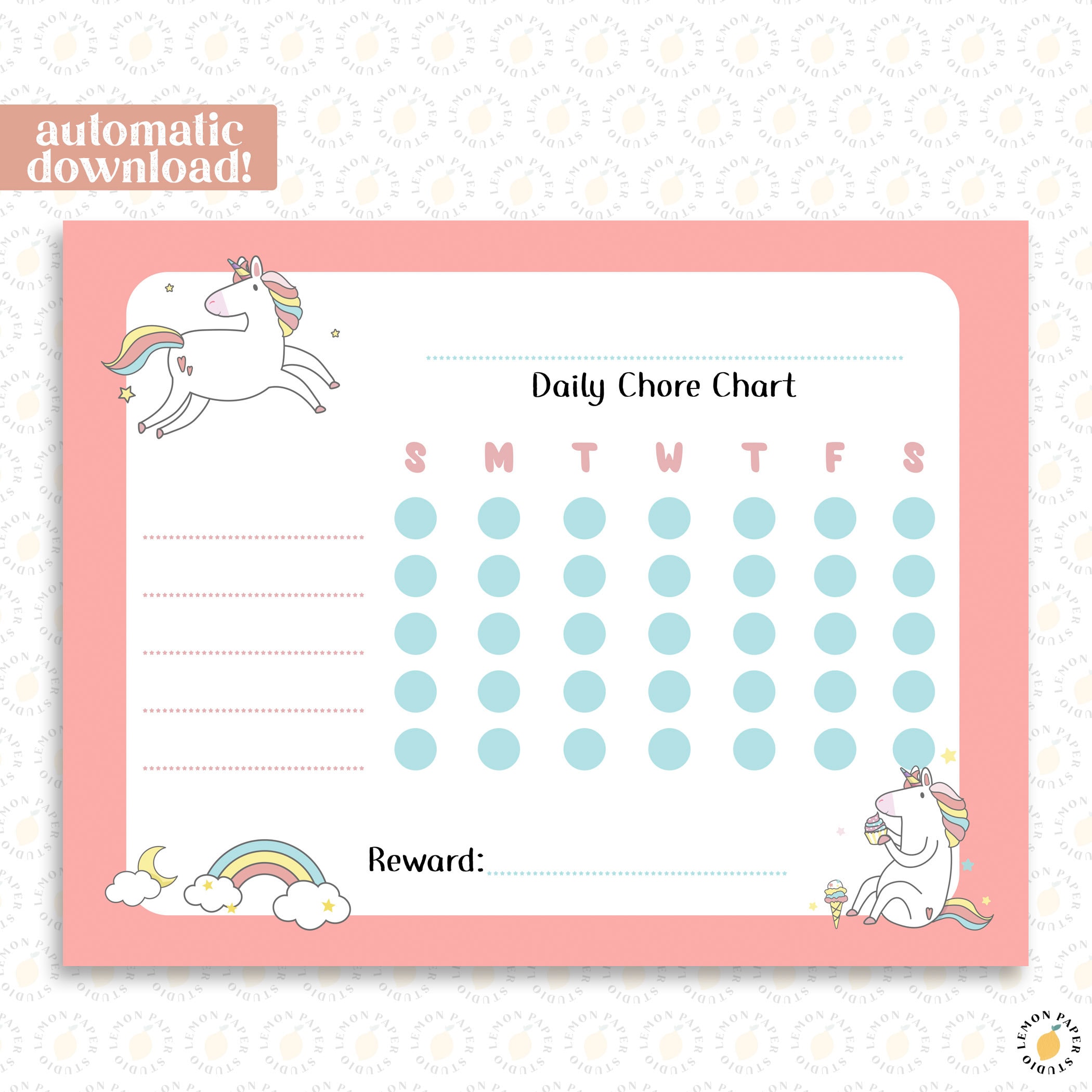 BLANK Unicorn Chore Chart Digital Download Instant Download Custom ...