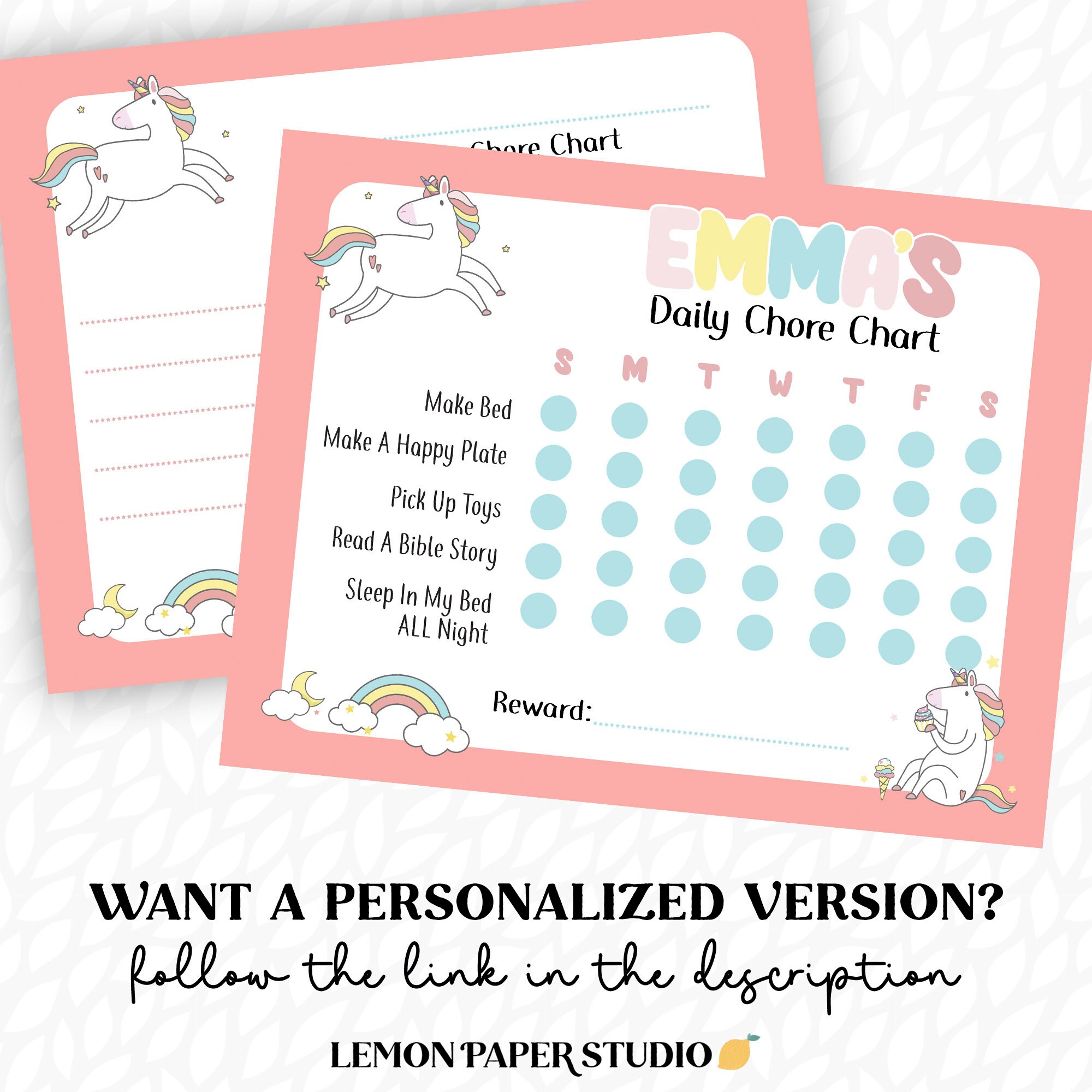 BLANK Unicorn Chore Chart Digital Download Instant Download Custom ...