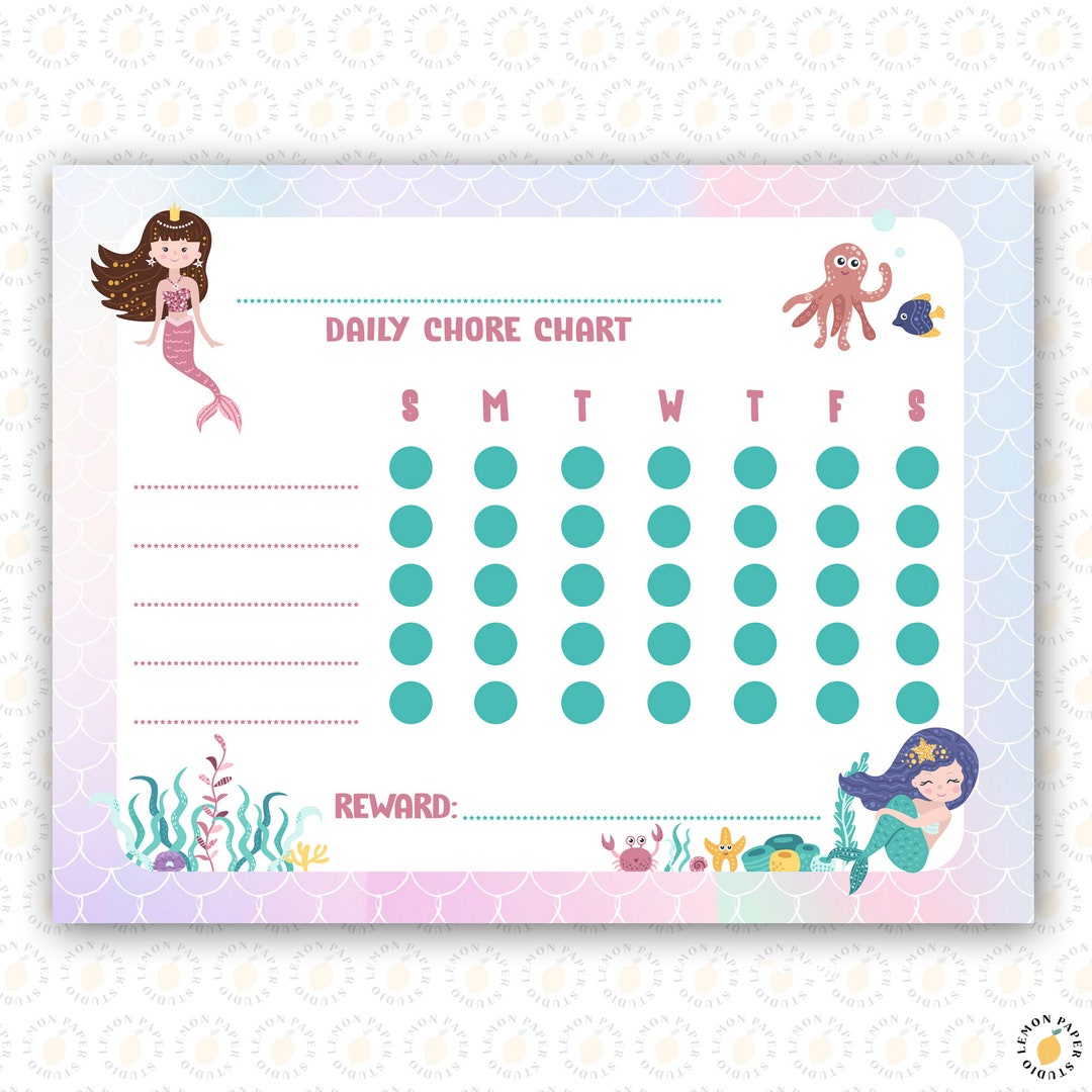 Mermaid Chore Chart: Printable Kids Responsibility Chart (digital ...