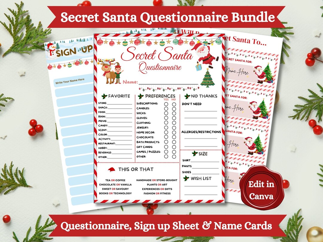 Printable Secret Santa Questionnaire Holiday Activities Christmas Wish ...