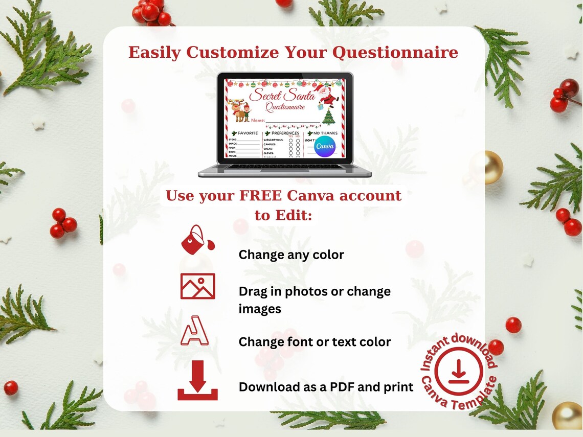 Printable Secret Santa Questionnaire Holiday Activities Christmas Wish ...