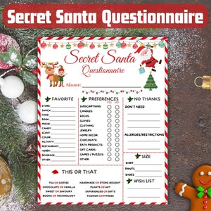 Printable Secret Santa Questionnaire Holiday Activities Christmas Wish ...