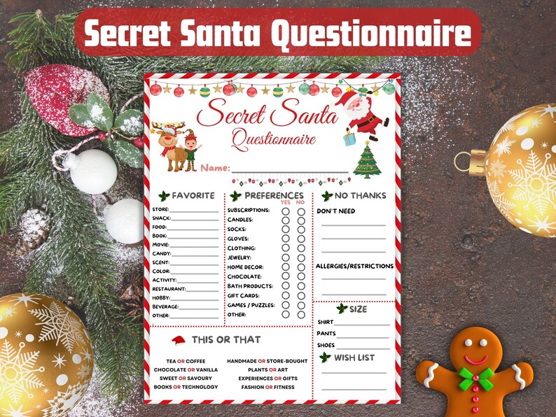 Printable Secret Santa Questionnaire Holiday Activities Christmas Wish ...