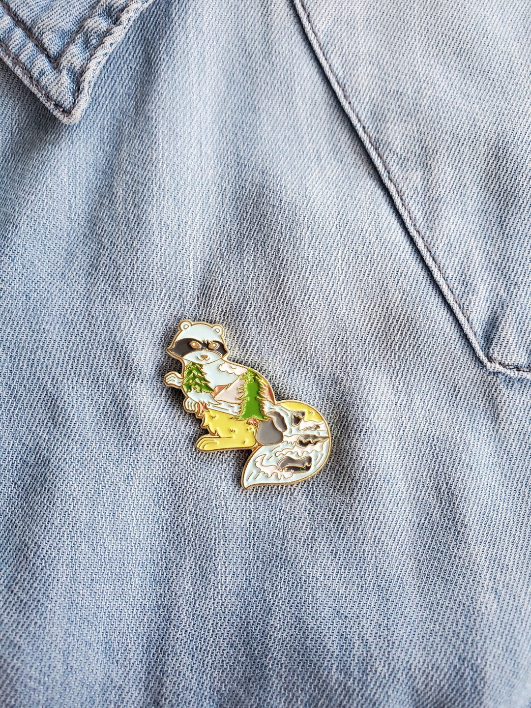 Raccoon Enamel Pin, River Enamel Pin, Mountain Enamel Pin, Scenery Pin ...