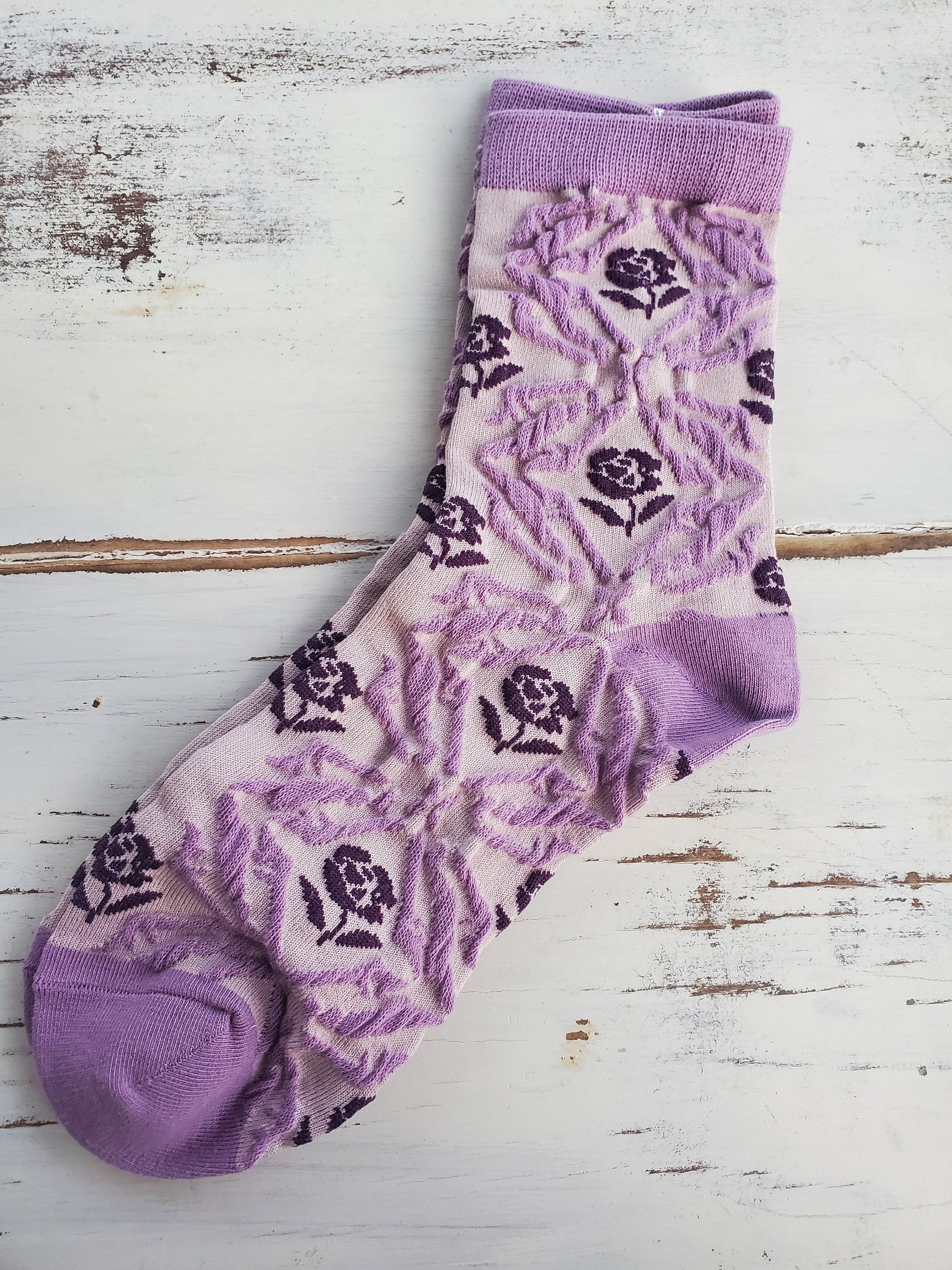 Purple Crew Socks With Roses, Cool Socks, Pretty Purple Socks, Quarter ...