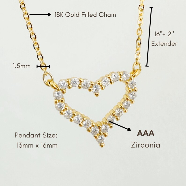 18K Gold Filled Heart Necklace, Cubic Zirconia Pavé Pendant, Minimalist ...