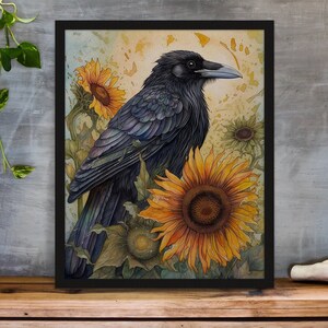 Raven Gift for Her Crow Sunflower Art Print Gift Digital Corvus Art ...