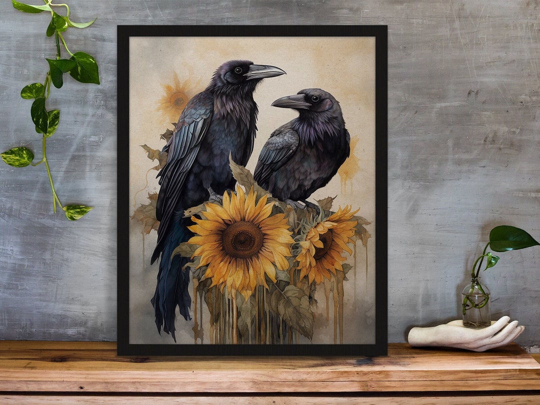Sunflower Crow Gift for Him Moody Raven Wall Art Corvus Art Decor Raven ...
