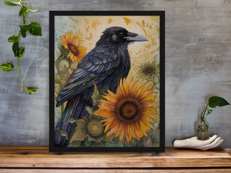 Moody Raven Wall Art Sunflower Crow Gift for Him Corvus Art Decor Raven ...