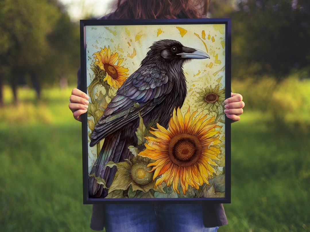 Moody Raven Wall Art Sunflower Crow Gift for Him Corvus Art Decor Raven ...