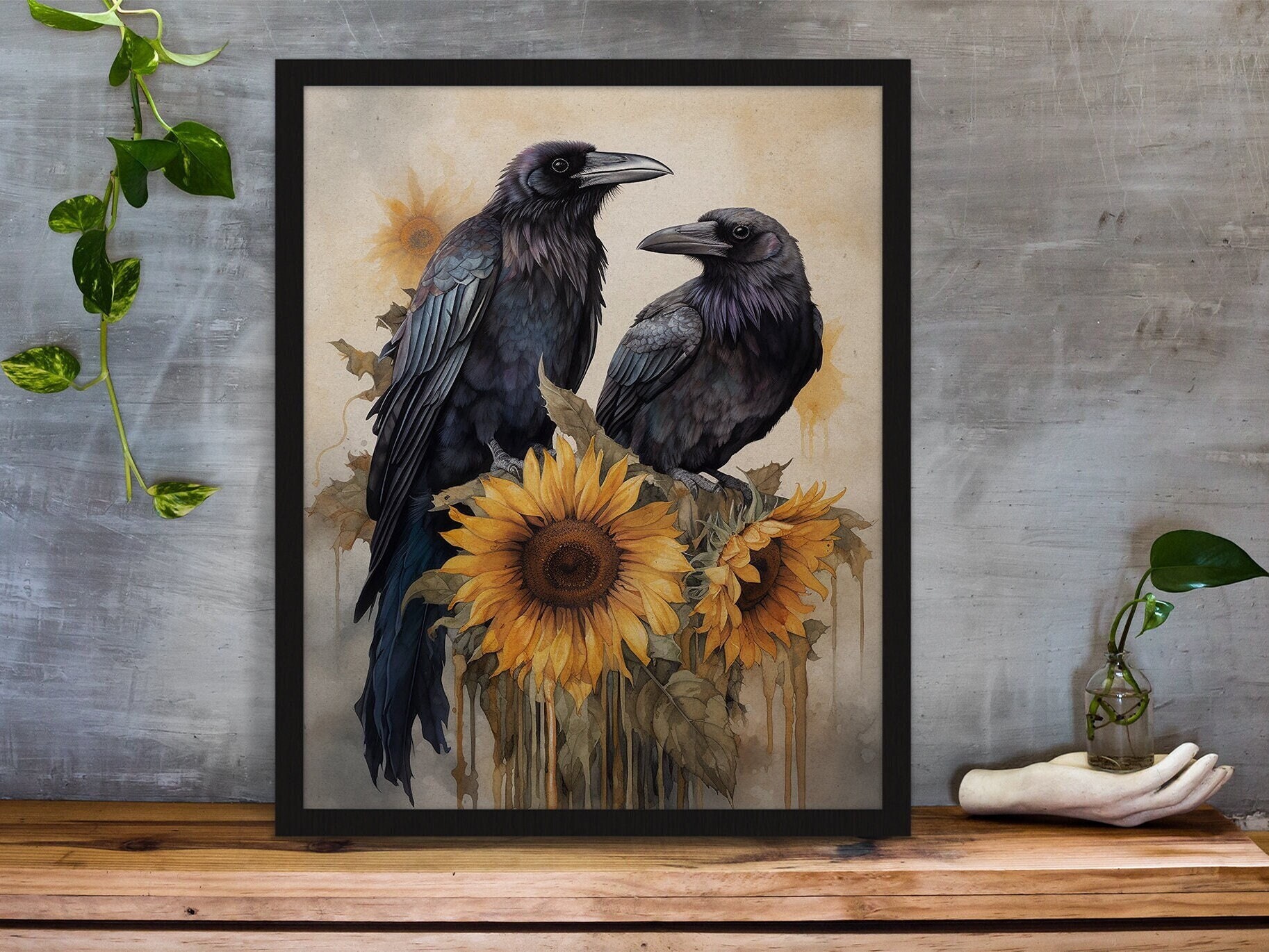 Sunflower Raven Art Gift for Her, Physical Corvus Art Decor, Majestic ...